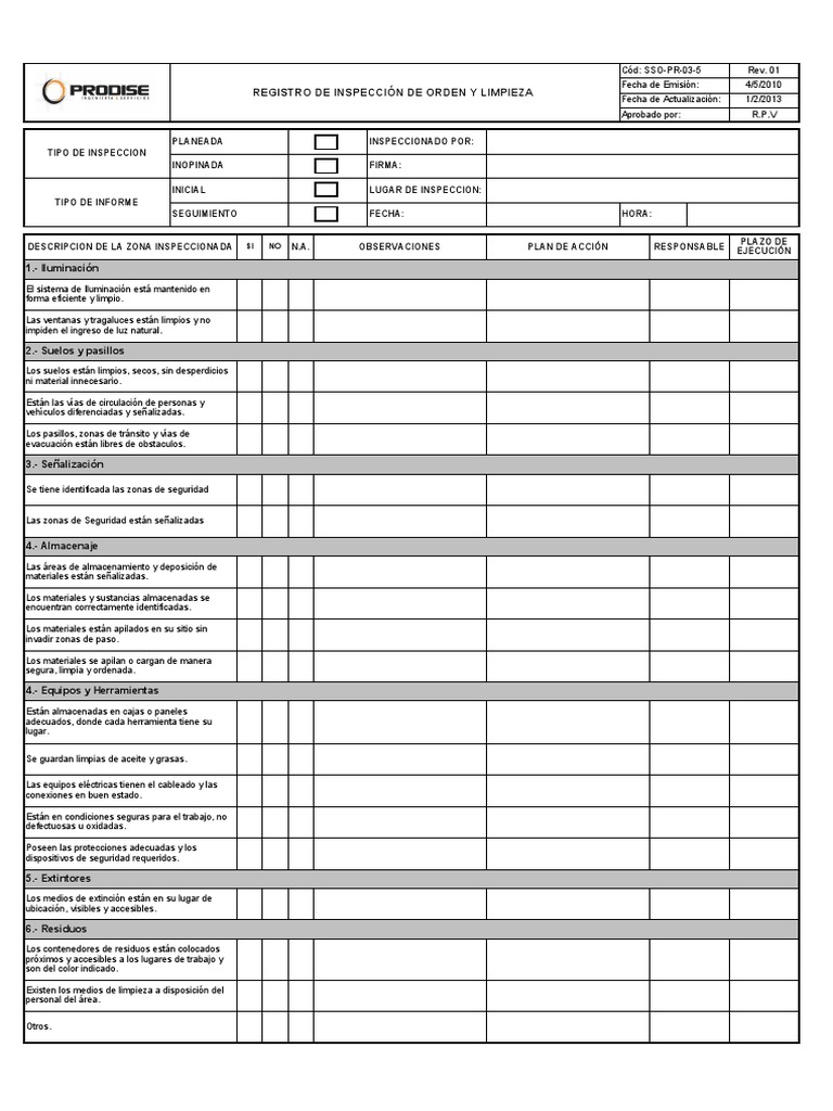 Registro de Inspección de Orden y Limpieza 2013 | PDF