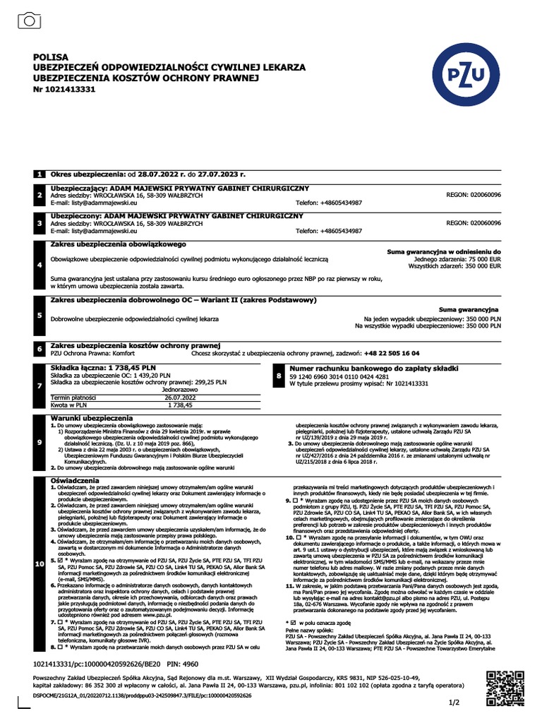 Polisa Ubezpieczeń Odpowiedzialności Cywilnej Lekarza Ubezpieczenia Kosztów Ochrony Prawnej | PDF