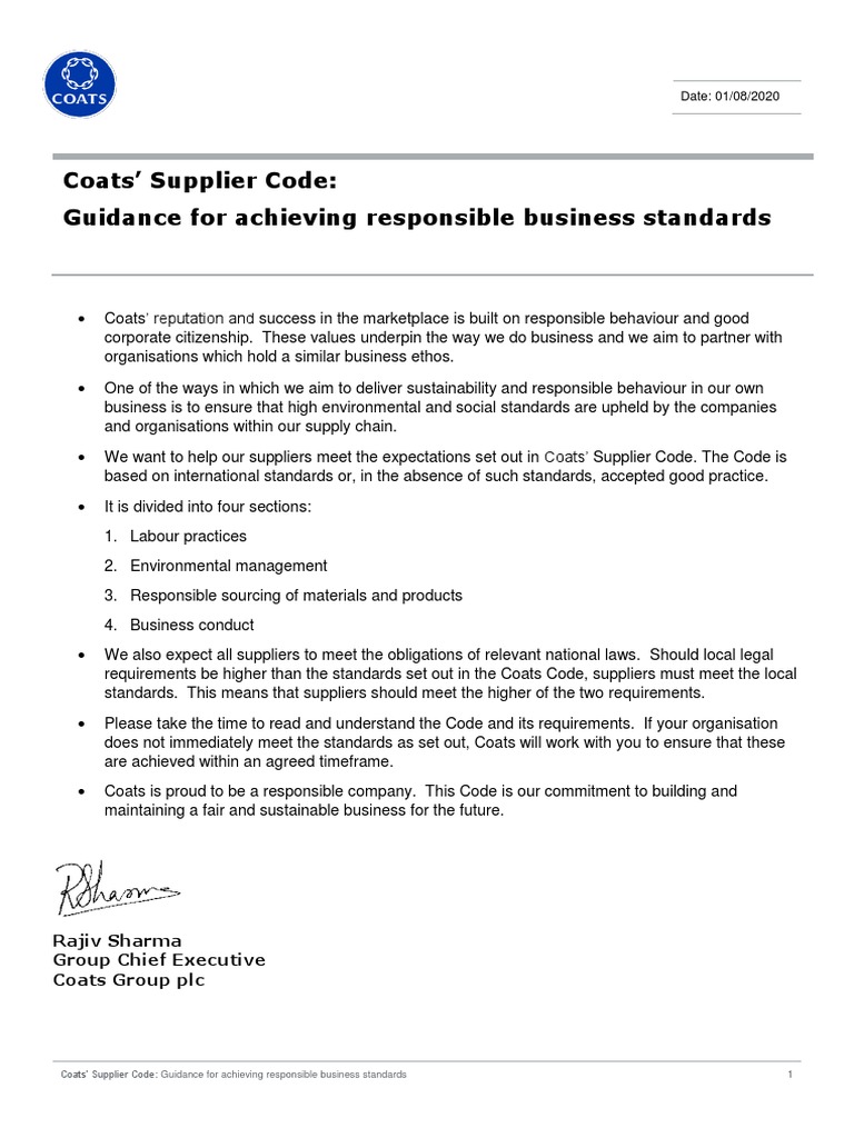 Coats Supplier Code 2020 | PDF