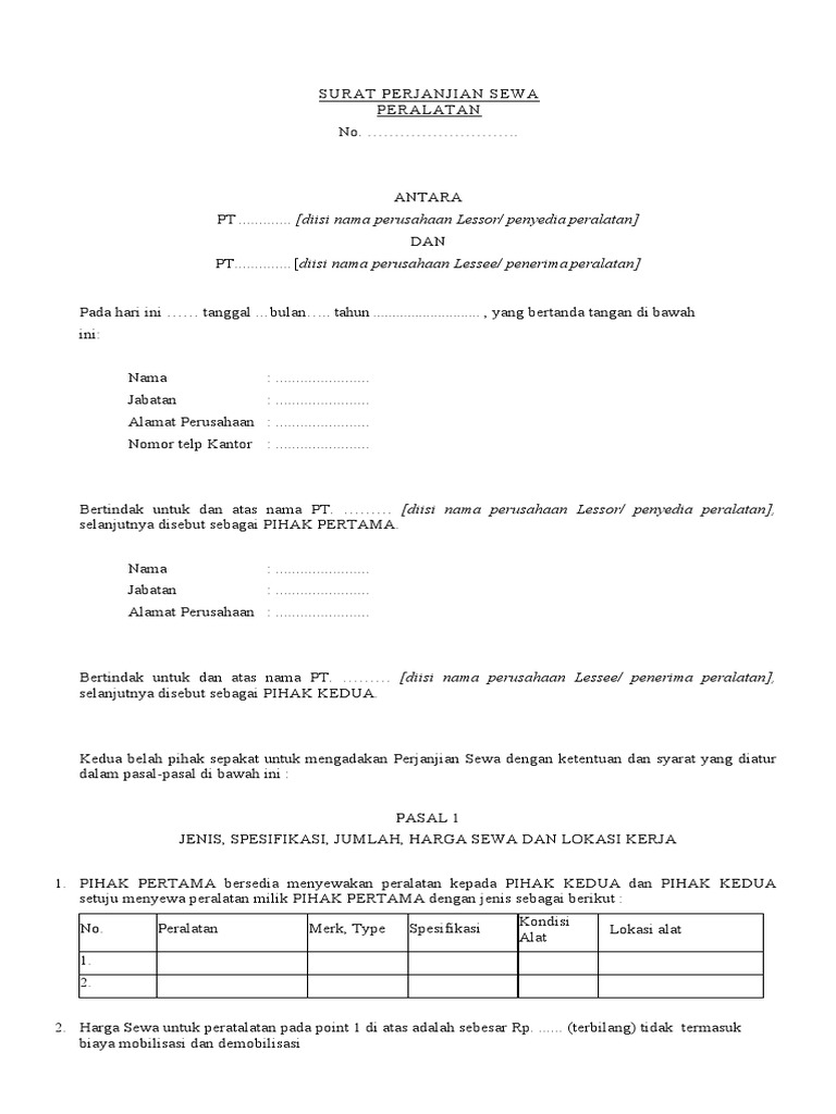 Form Perjanjian Sewa Alat | PDF