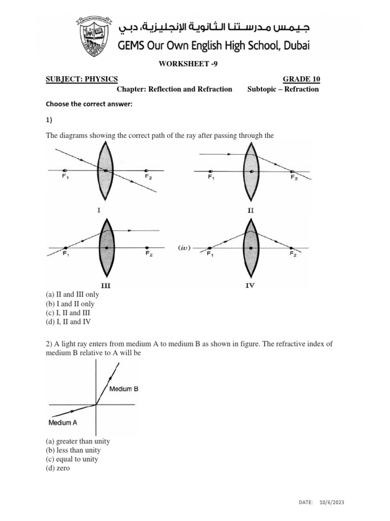 REFRACTION Worksheet - 9 MCQ | PDF
