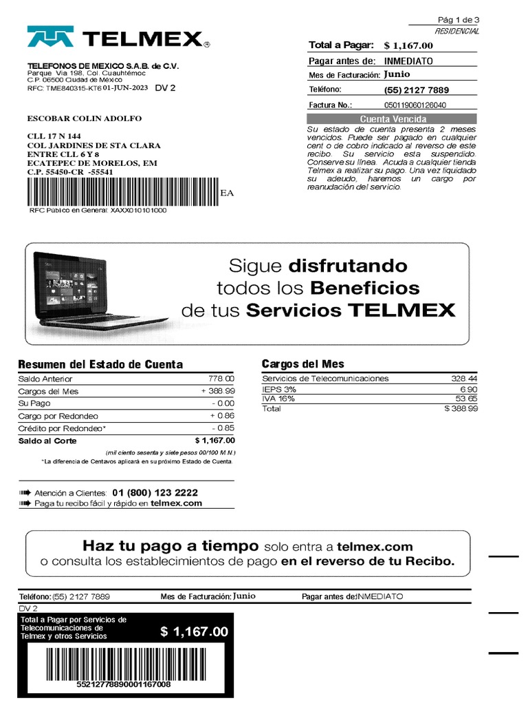 Recibo Telmex editable | PDF