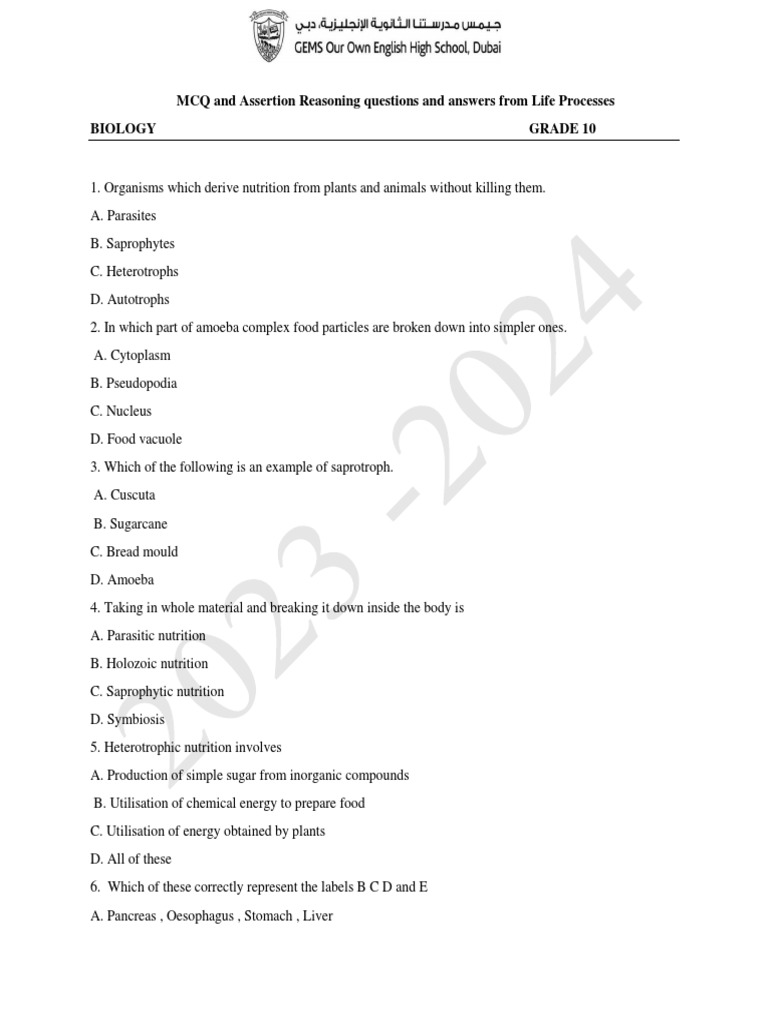 MCQ Assertion Reason - Life Processes | PDF | Home & Garden