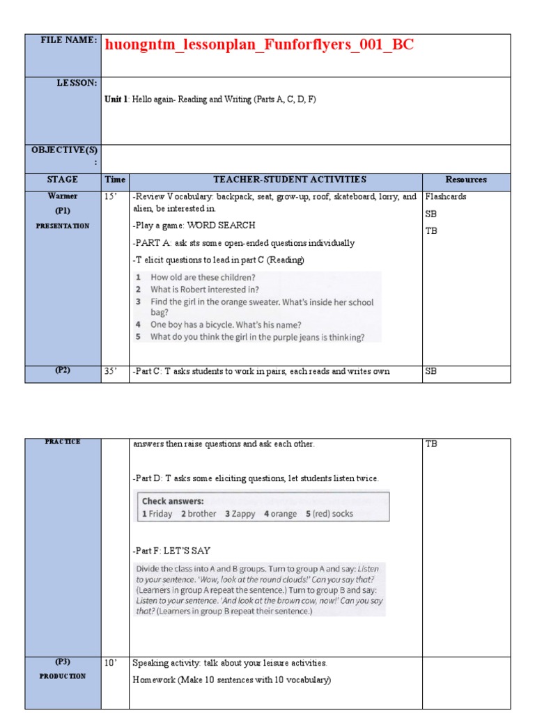 Fun for Flyers Unit 1 Lesson Plan | PDF | Language Arts & Discipline