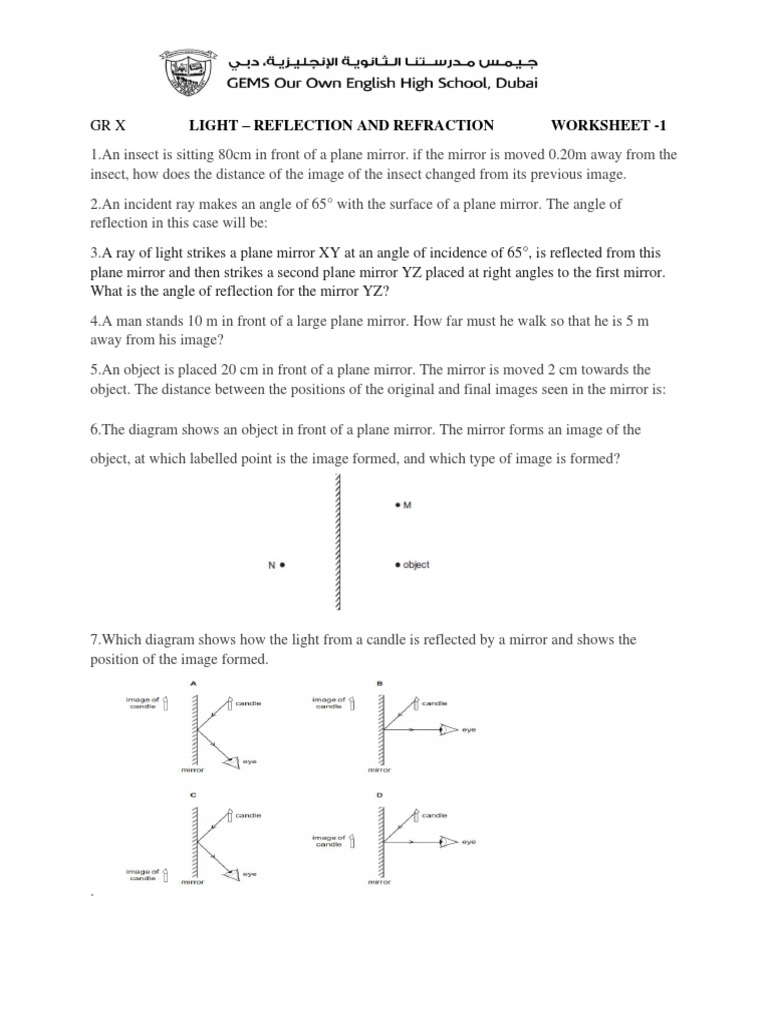 Plane Mirror Reflection Problems Worksheet | PDF