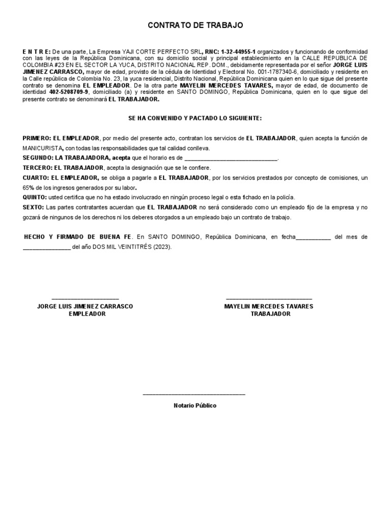 Contrato de Trabajo para Manicurista | PDF | Derecho