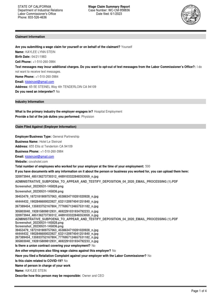 Wage Claim Summary Report | PDF