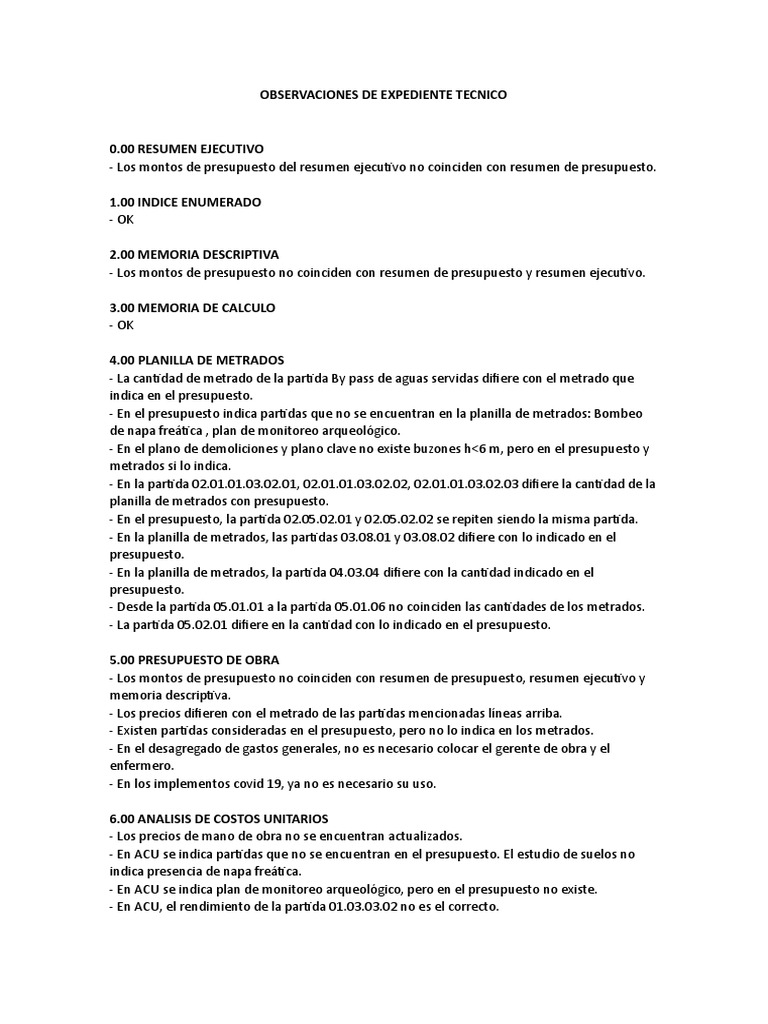Observaciones de Expediente Tecnico | PDF | Presupuesto | Sector privado