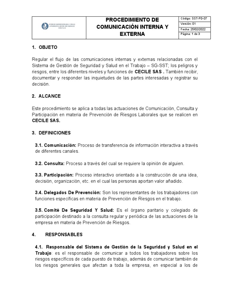 SST-F-07 Procedimiento de Comunicación Interna y Externa | PDF
