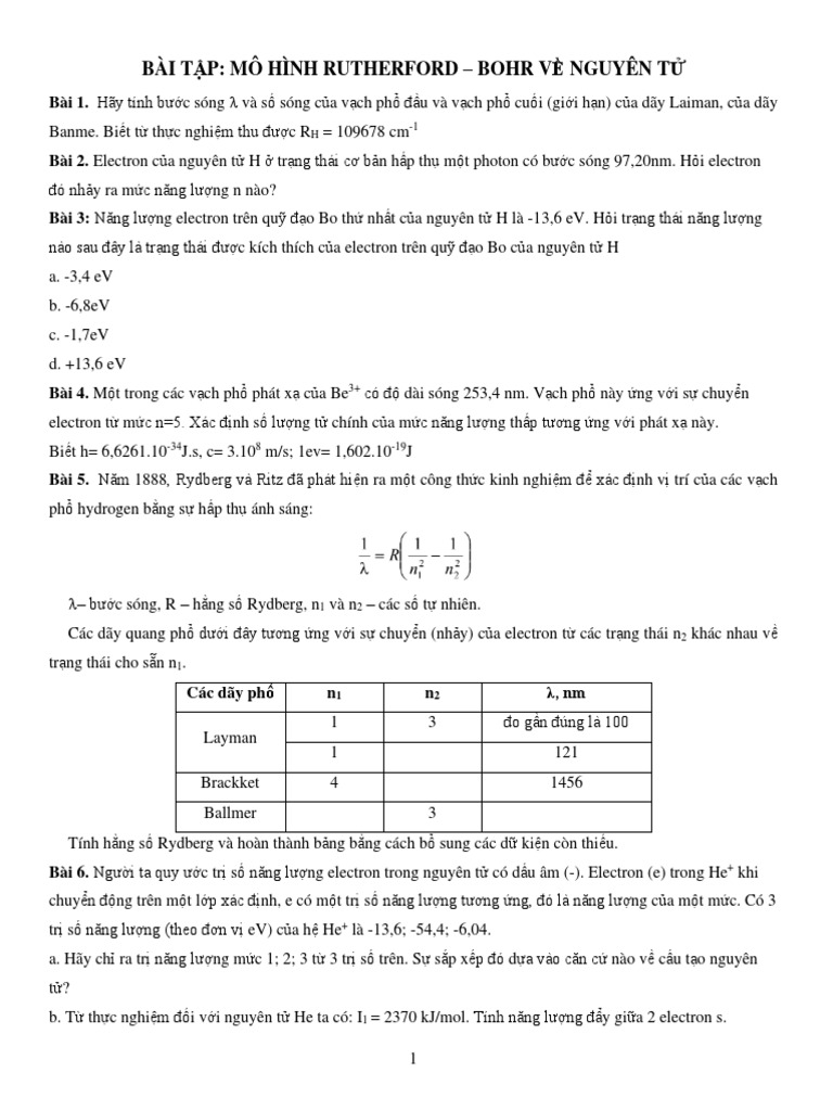 Bai Tap-Mo Hinh Rutherford-Bohr | PDF