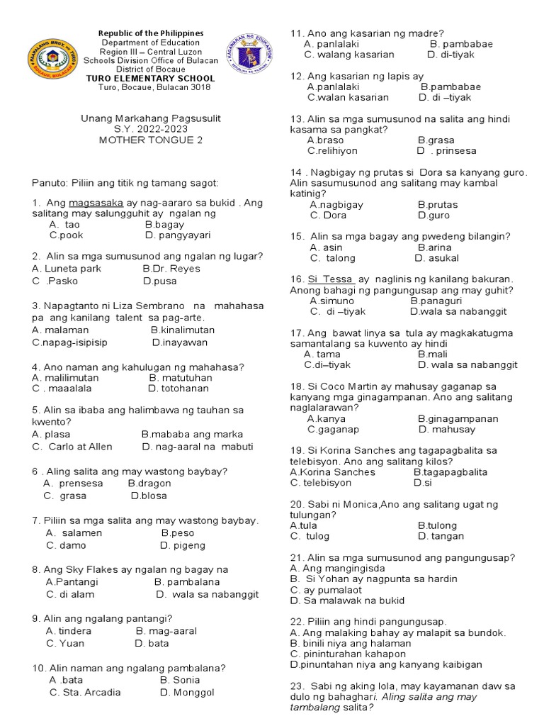 Grade 2 First Periodical Test 2022-2023 | PDF
