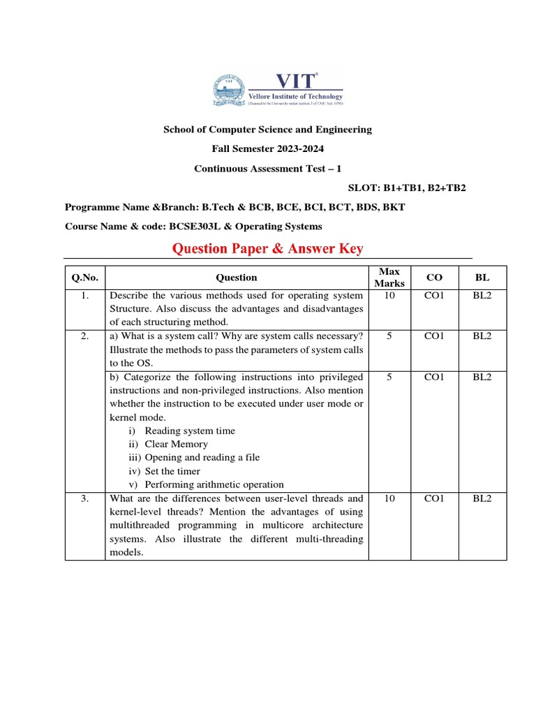 Fallsem2023-24 Bcse303l TH VL2023240100692 Cat-1-Qp - Key | PDF | Thread (Computing) | Kernel ...