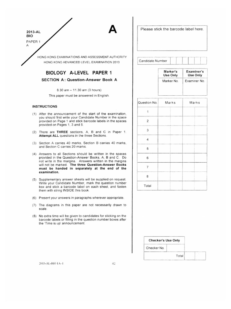 2013 Bio Paper 1A | PDF