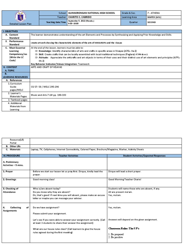 Detailed Lesson Plan | PDF | Learning | Textiles