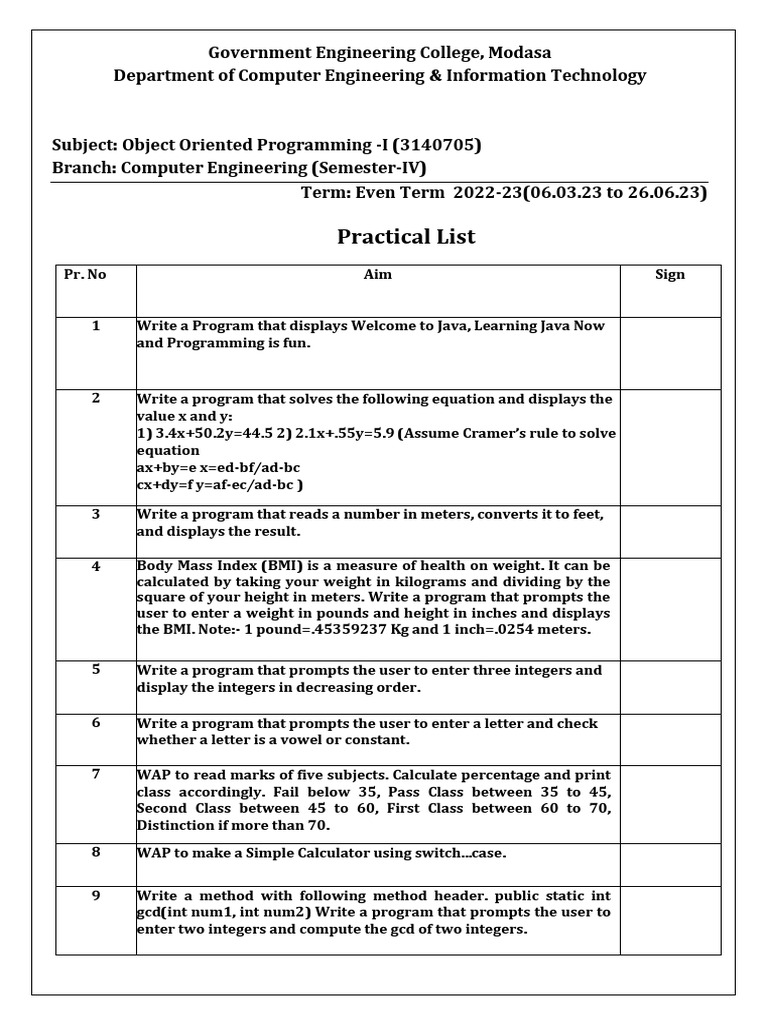 OOP-I - Practical - List - Even - 2022-23 | PDF | Class (Computer Programming) | Method ...