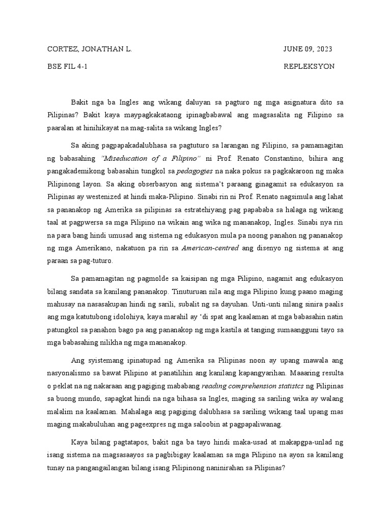 Reflective Essay Miseducation of Filipinos | PDF