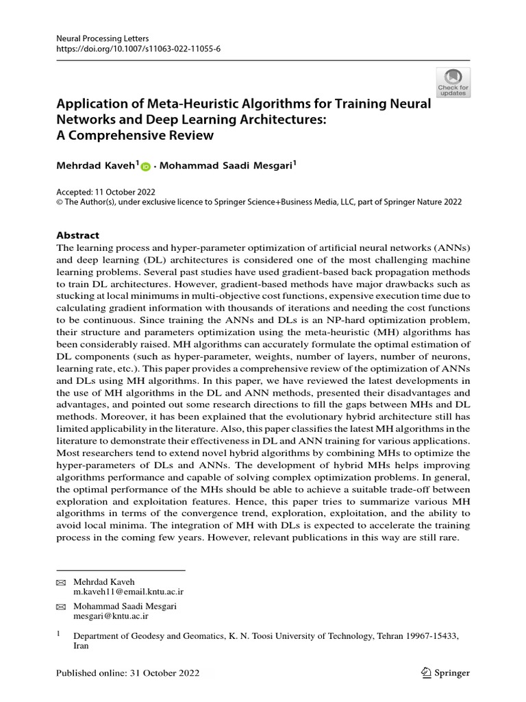 Application of Meta-Heuristic Algorithms For Training Neural Networks and Deep Learning ...