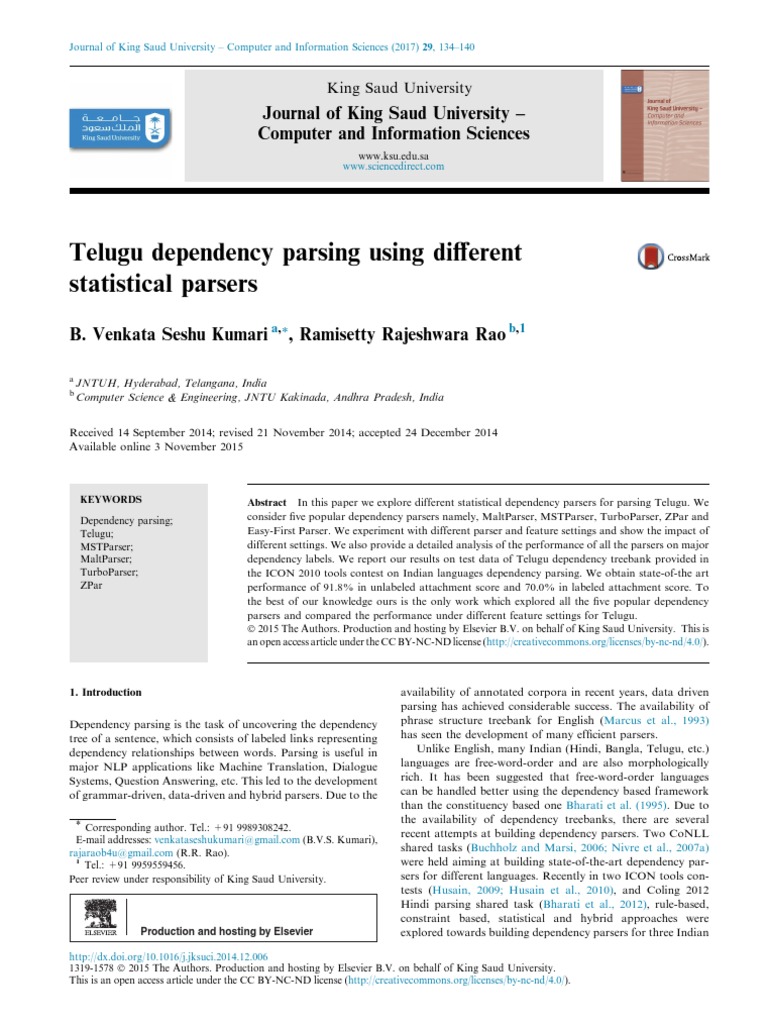 Telugu Dependency Parsing Using Di - 2017 - Journal of King Saud University - Co | PDF | Parsing ...
