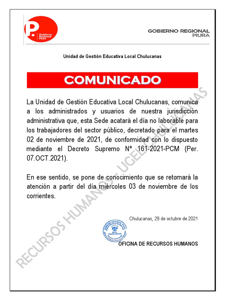 COMUNICADO Dia No Laborable 02 de Noviembre | PDF