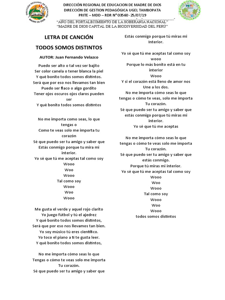 Letra Todos Somos Distintos | PDF