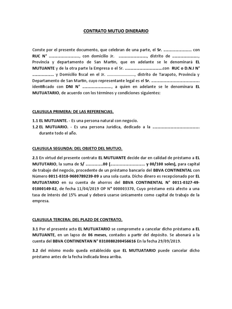 CONTRATO MUTUO DINERARIO | PDF