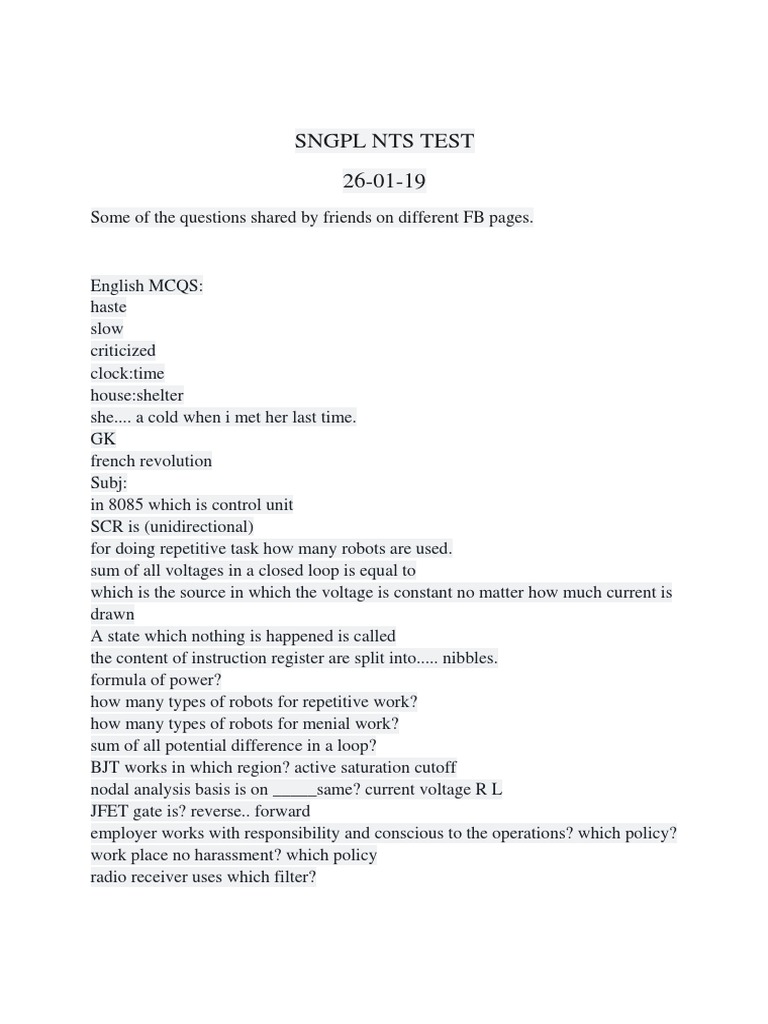 SNGPL NTS Test Questions Overview | PDF