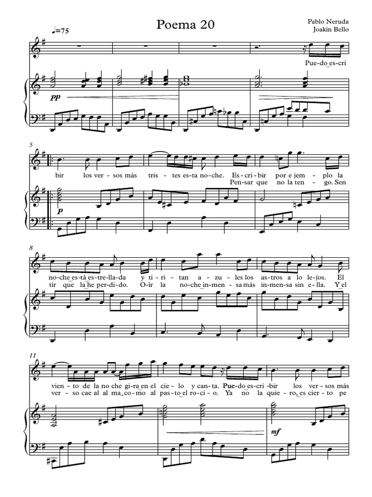 Poema 20 Piano y Voz - Partitura Completa | PDF