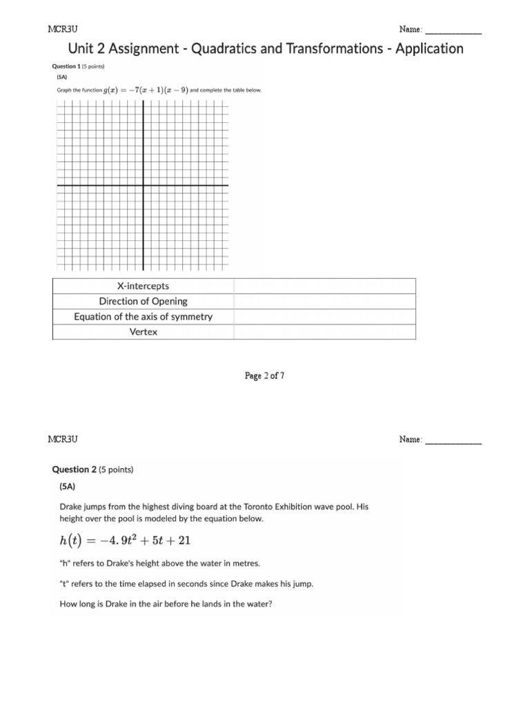 Unit 2 Assignment - Quadratics and Transformations APPLICATION | PDF