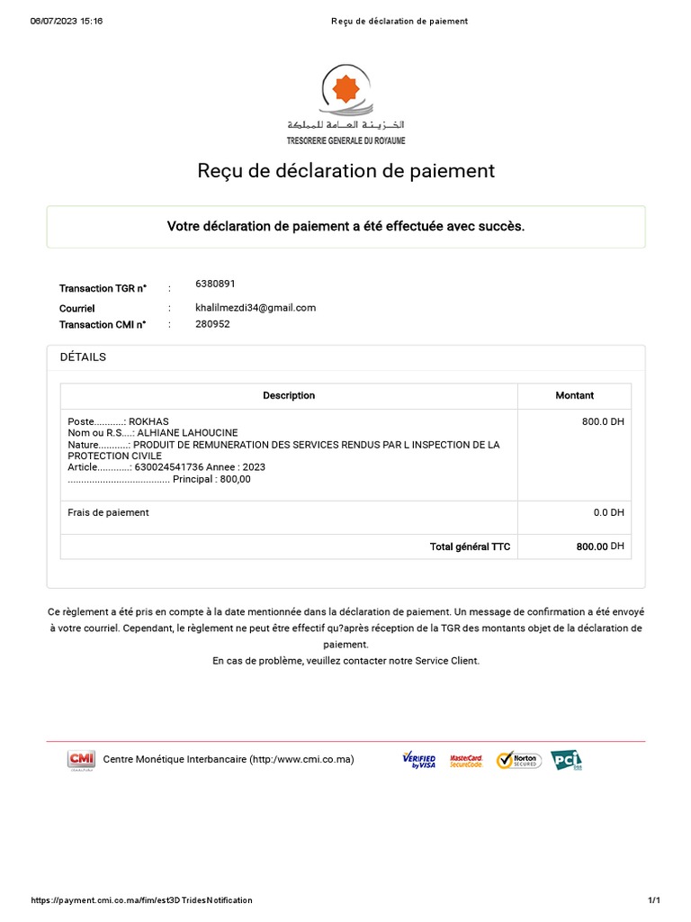 Reçu de Déclaration de Paiement | PDF