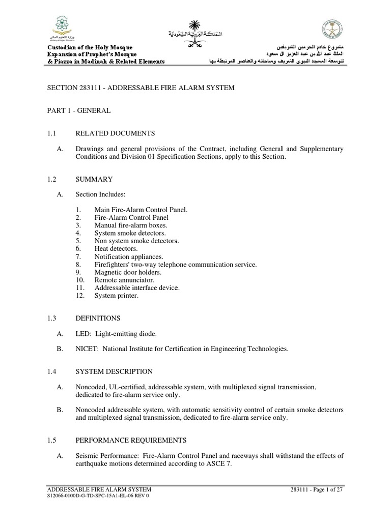 SECTION 283111- ADDRESSABLE FIRE ALARM SYSTEM | PDF | Elevator | Design