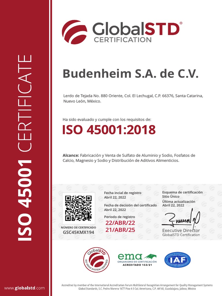 ISO 45001 Certificate (Budenheim México) | PDF