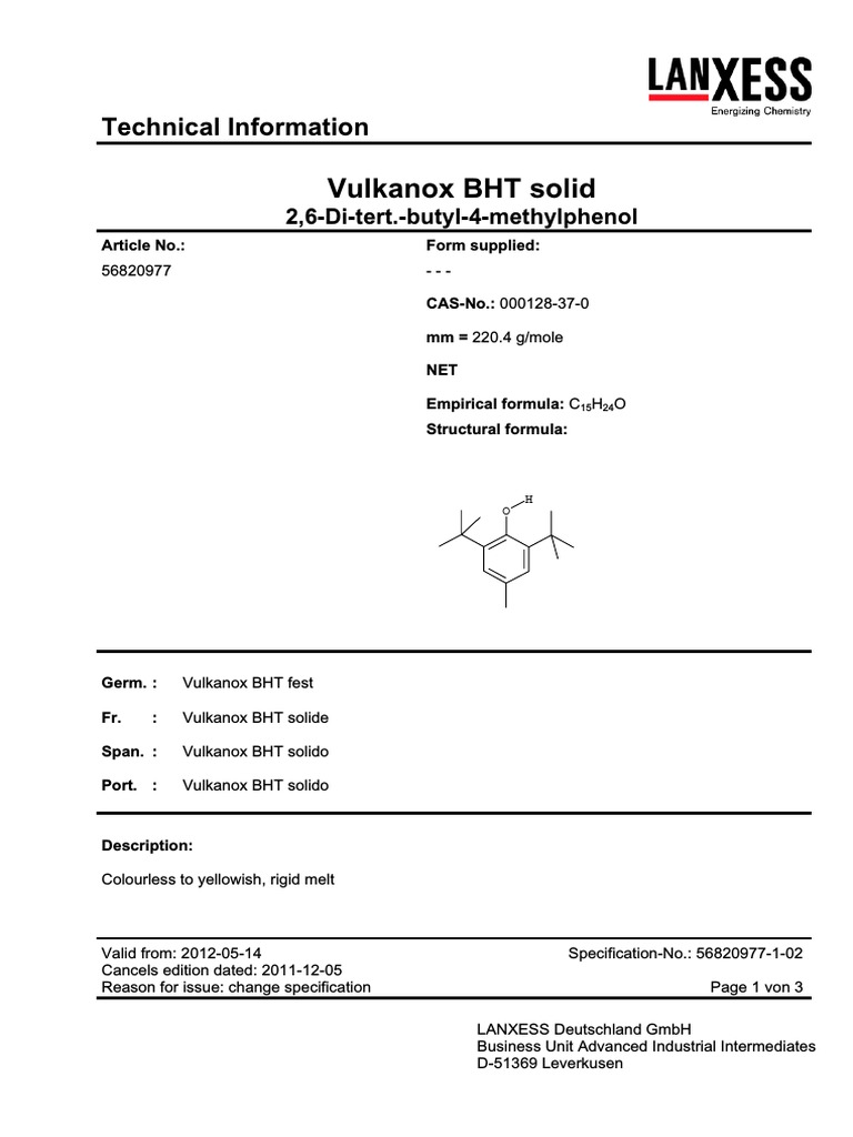 Vulkanox BHT Solid Technical Data | PDF | Liquids | Physical Chemistry