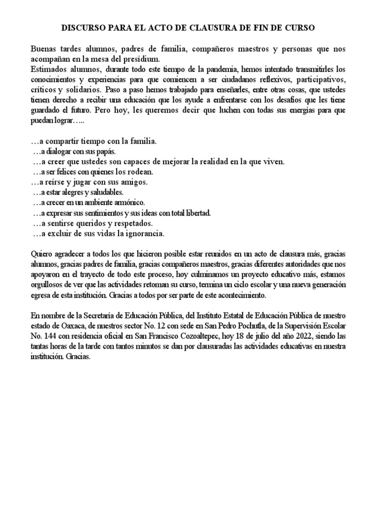 Discurso para El Acto de Clausura de Fin de Curso 2022 | PDF
