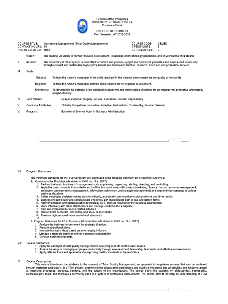 CBMEC 1: Total Quality Management Course | PDF