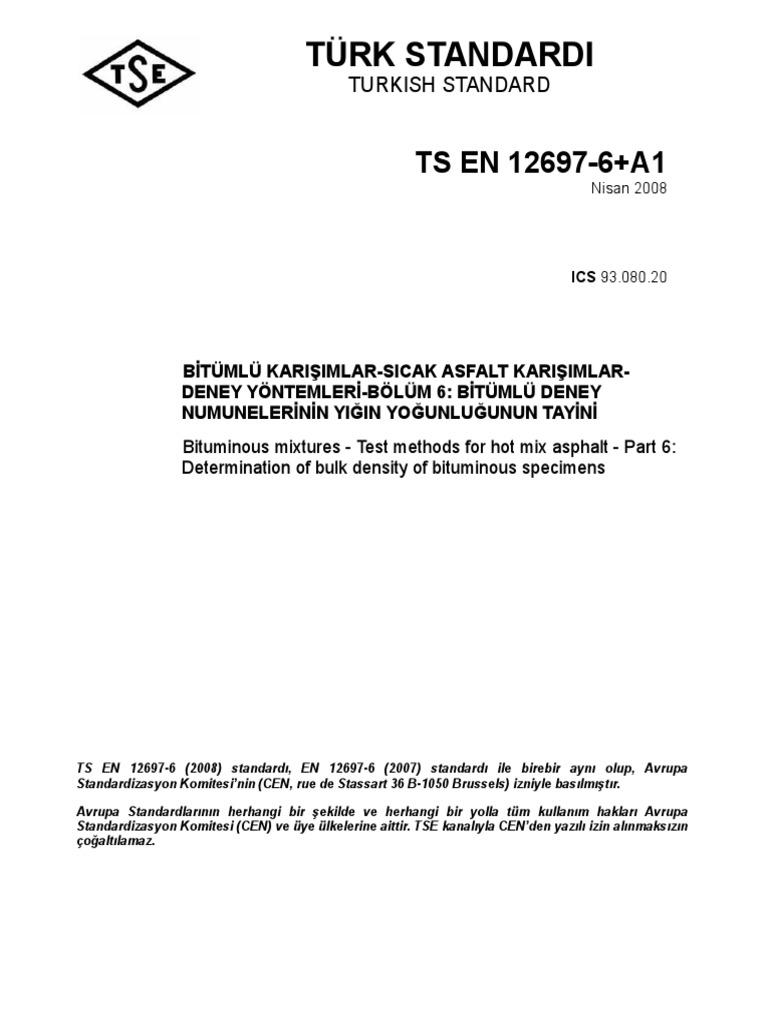 TS en 12697-6 A1 Yoğunluk Ve Öz Kütle Tayi̇ni̇ | PDF | Density | Asphalt