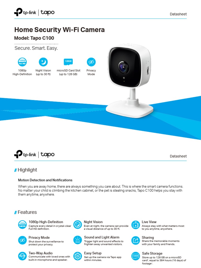 Tapo C100 (EU&US) 1.0 Datasheet | PDF | Camera | Ieee 802.11
