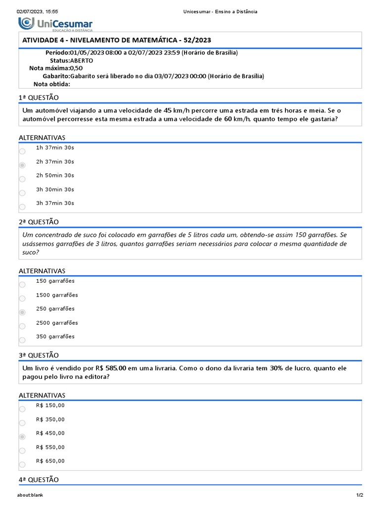 Atividade 4 - Nivelamento de Matemática - 52-2023 | PDF