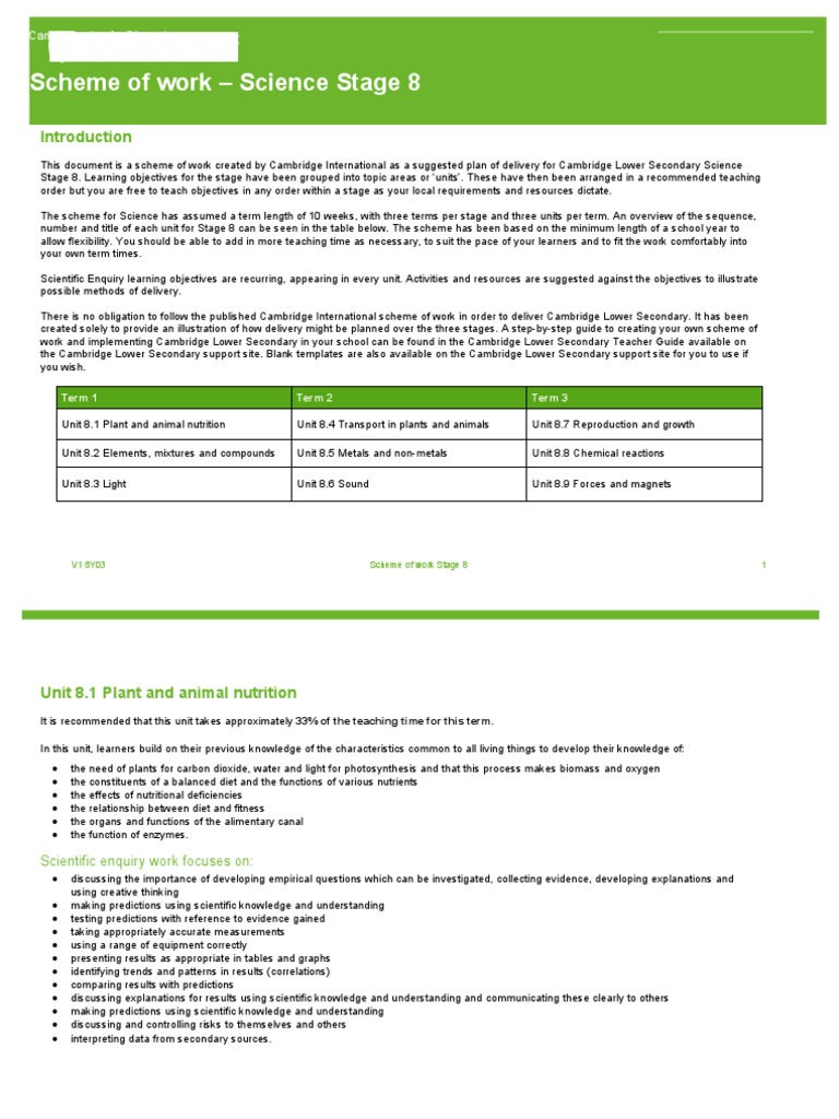 Year 8 Science Scheme of Work | PDF | Photosynthesis | Nutrition