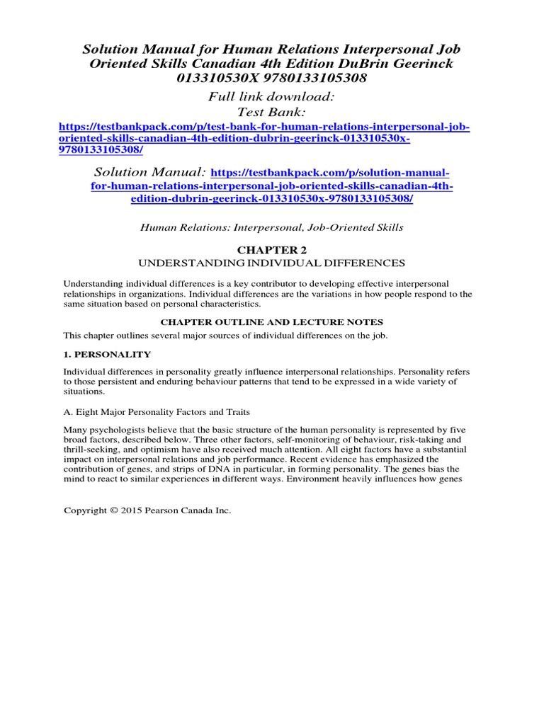 Solution Manual For Human Relations Interpersonal Job Oriented Skills Canadian 4th Edition