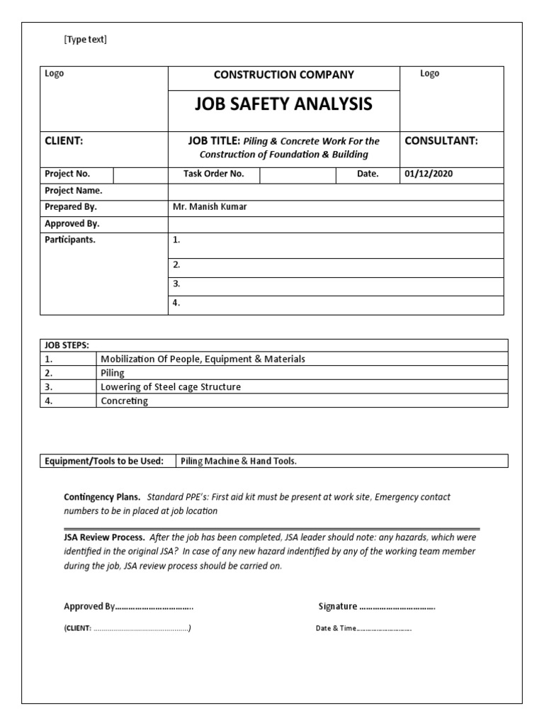 Share JSA For Piling Activity | PDF | Safety | Working Conditions