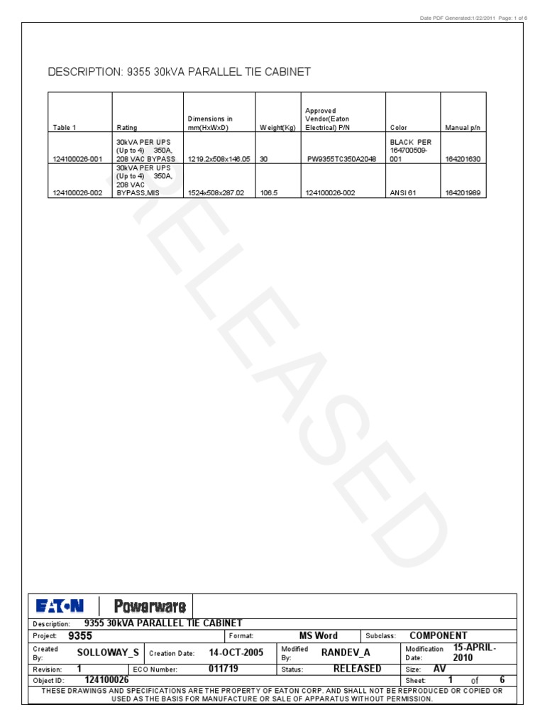 Eaton 9355 30kVA Cabinet Details | PDF | Electric Power | Equipment