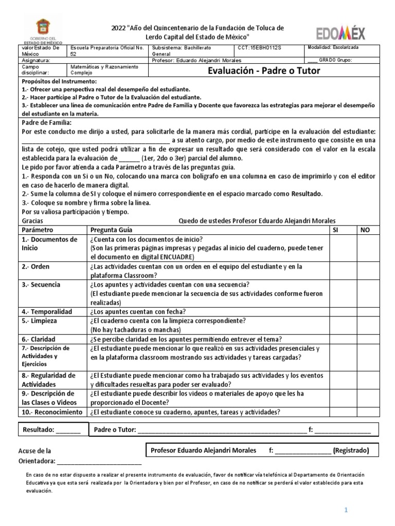 Evaluación Padre o Tutor 2022 | PDF | Maestros