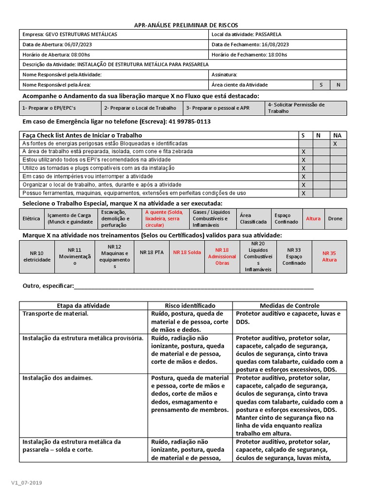 Modelo Apr Análise Preliminar De Risco Pdf Ciências Físicas