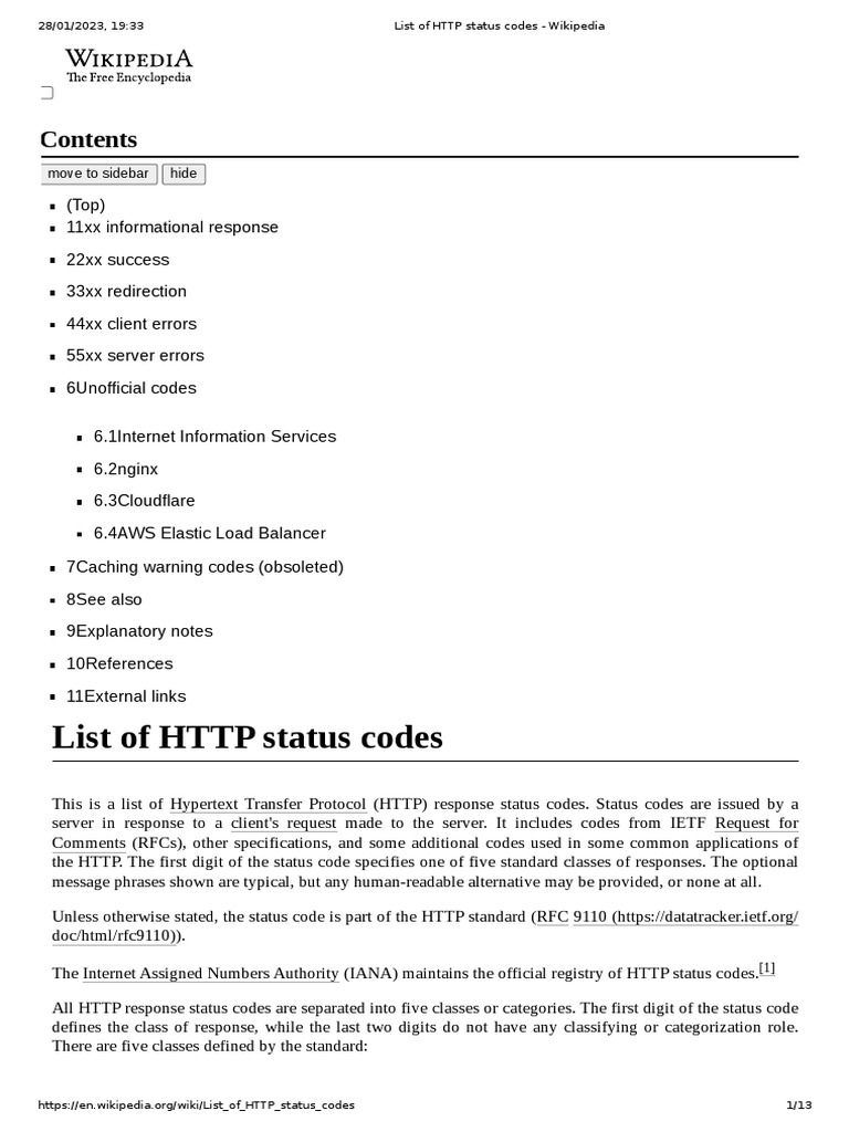 List of HTTP Status Codes - Wikipedia | PDF | Hypertext Transfer Protocol | Internet & Web