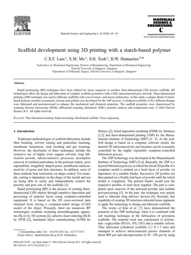 Scaffold Development Using 3D Printing With A Starch-Bsed Polymer | Download Free PDF | Tissue ...