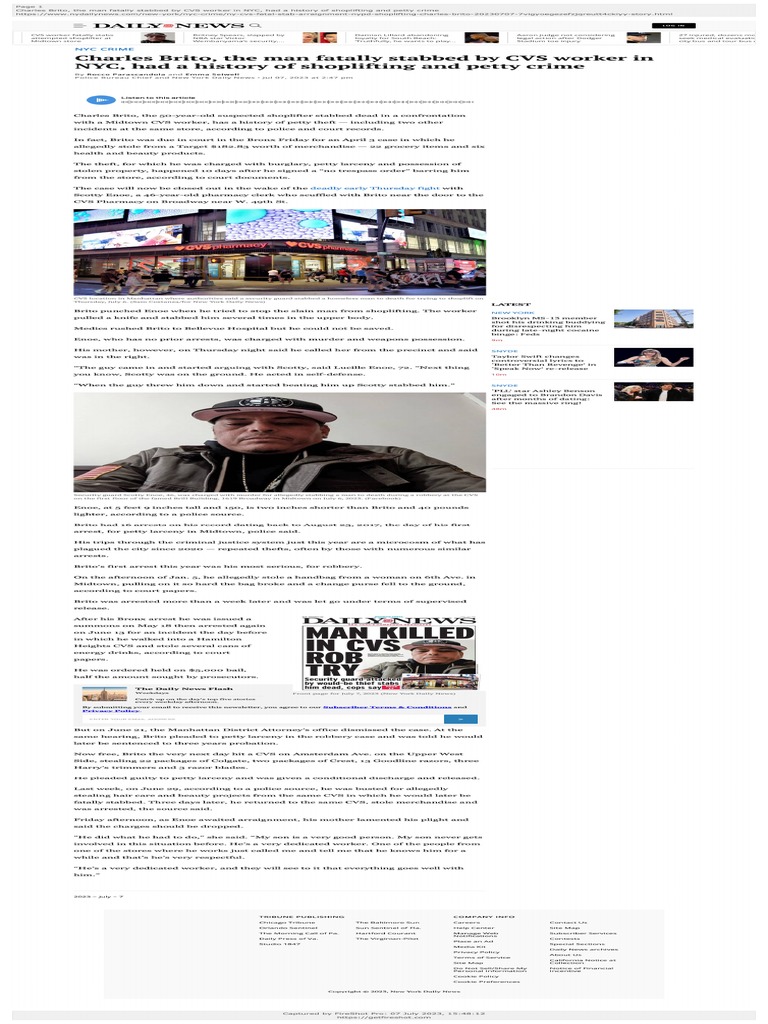 Charles Brito, The Man Fatally Stabbed by CVS Worker in NYC | PDF ...