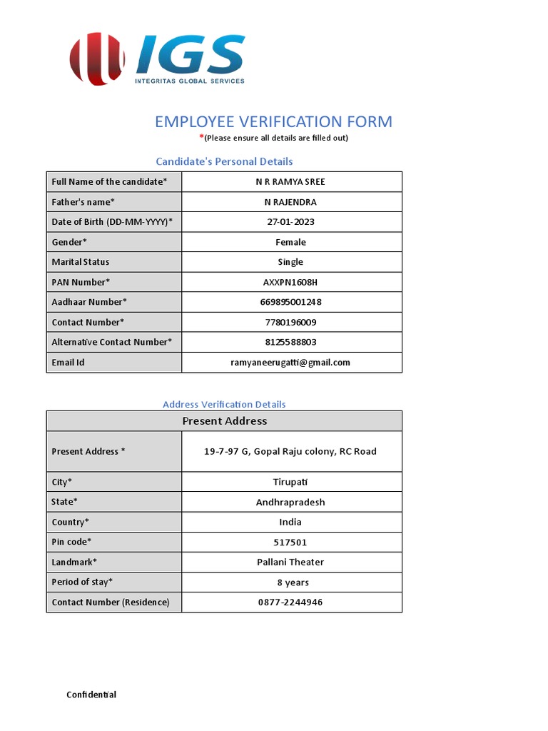 Employee Verification Form - Ramya Sree | PDF | Government | Justice Employee Verification Form - Ramya Sree | PDF | Government | Justice