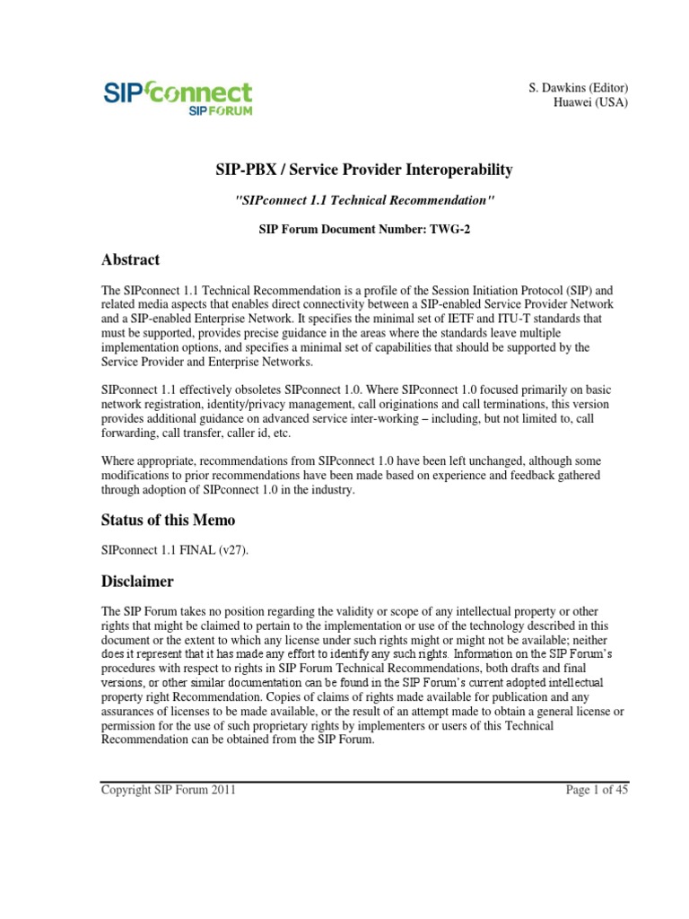 Sip Connect Technical Recommendation v11 | PDF | Session Initiation Protocol | Internet Standards
