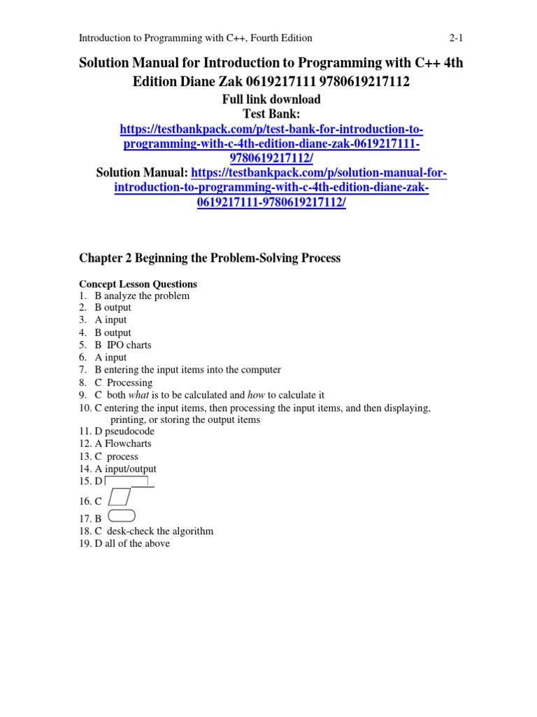 Solution Manual For Introduction To Programming With C 4th Edition Diane Zak 0619217111 ...