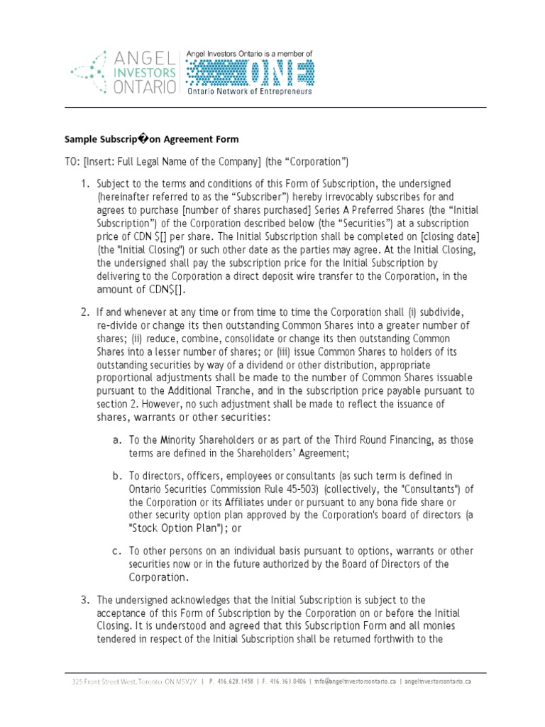 Sample Subscription Agreement Form | PDF